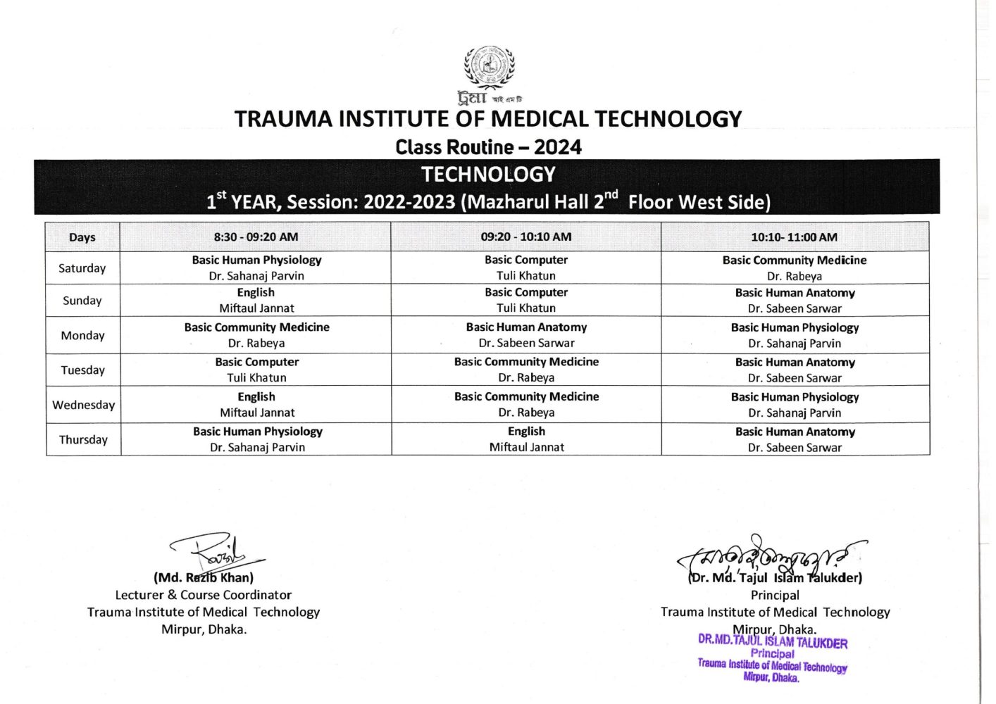 Class Routine, Session: 2022-2023 - Trauma IMT